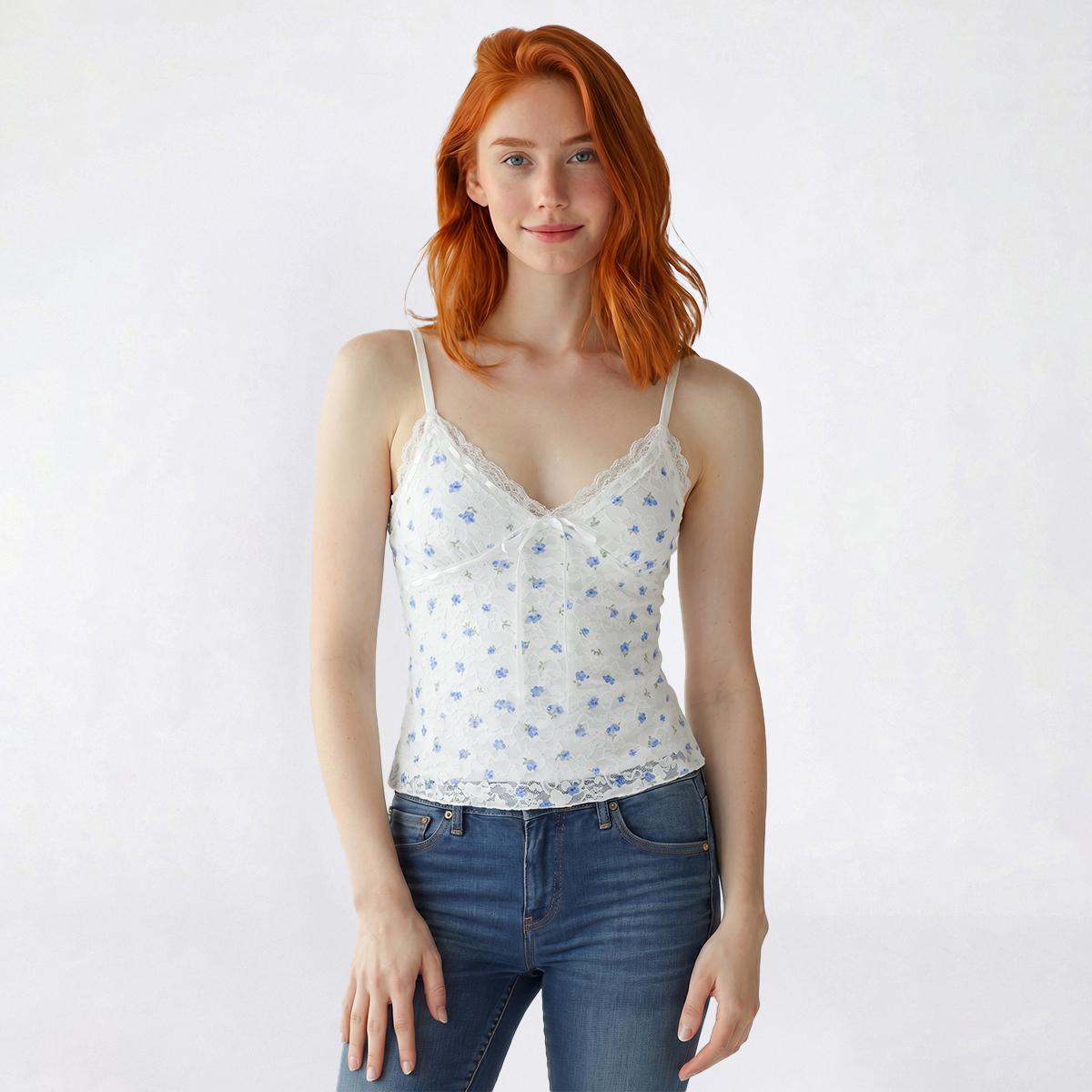 Click here for Juniors Pink Rose Stretch Floral Camisole with Lac... prices